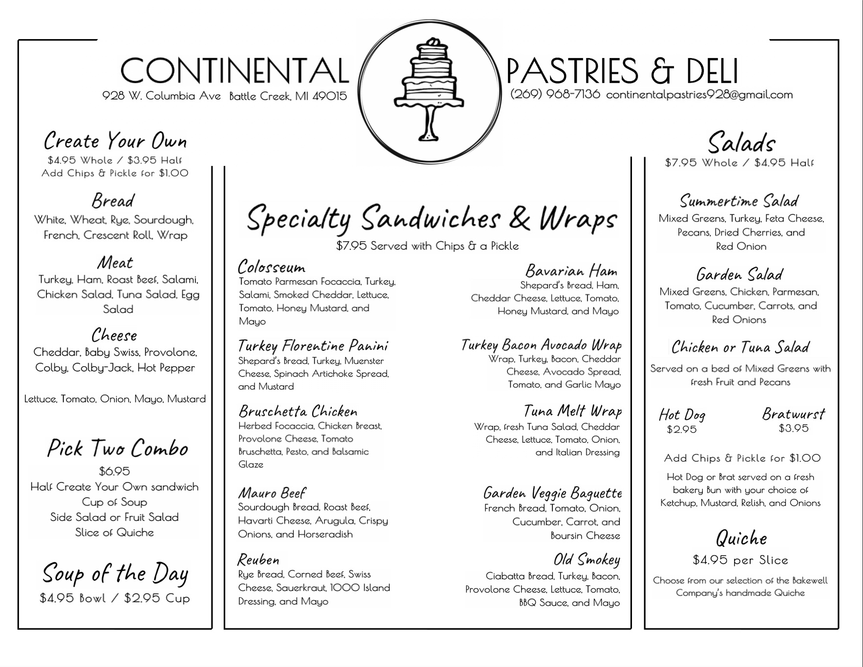 Lunch Menu - Continental Pastries and Deli